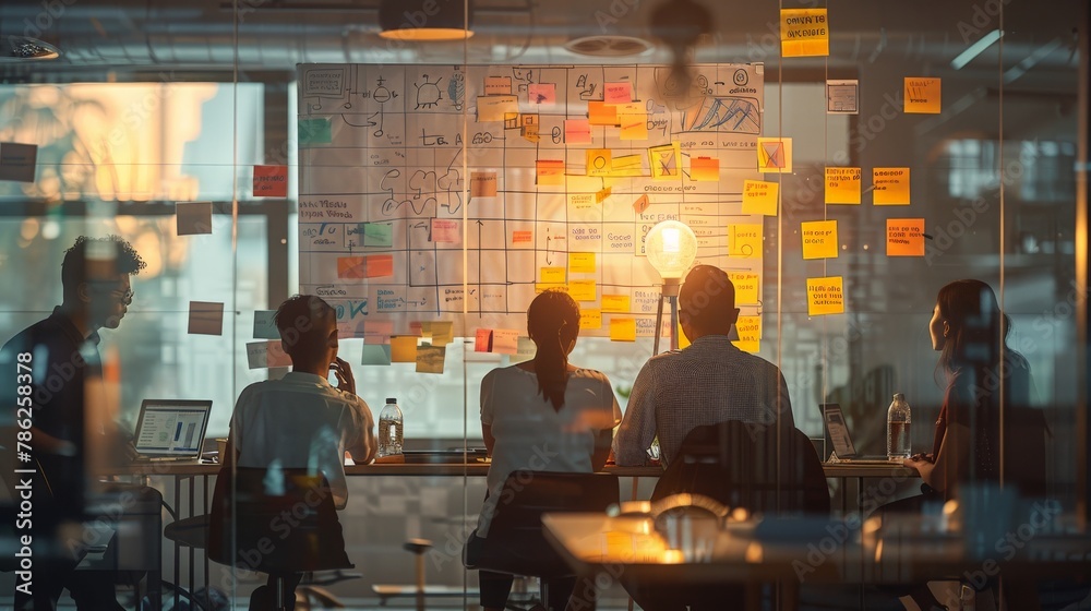 A high-energy brainstorming space adorned with diagrams and flowcharts ...