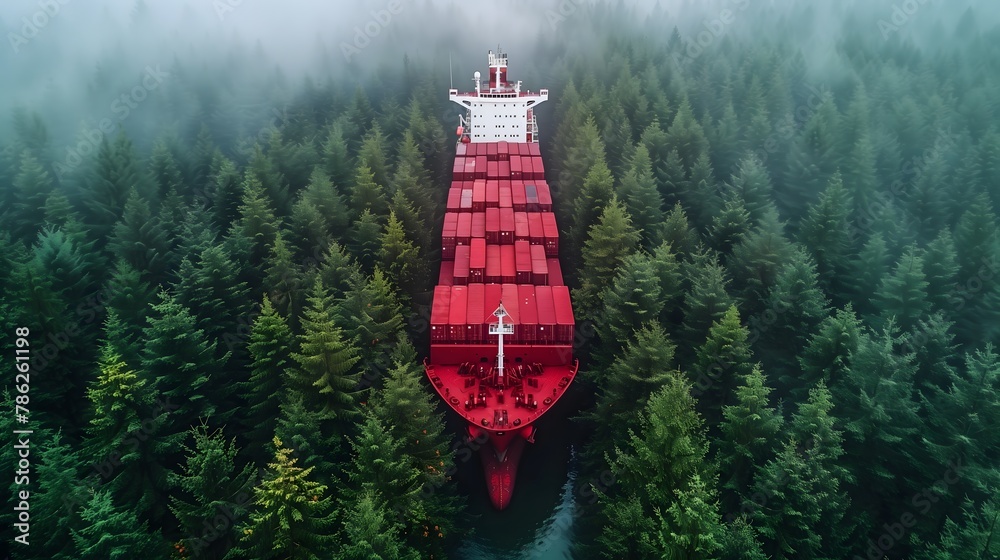 A vivid red container ship suspended above a dense evergreen forest ...