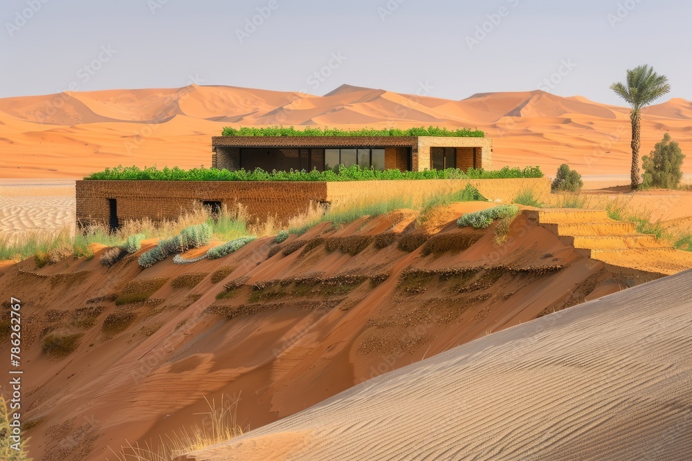 Photograph of an architecture building in the desert made from rammed ...