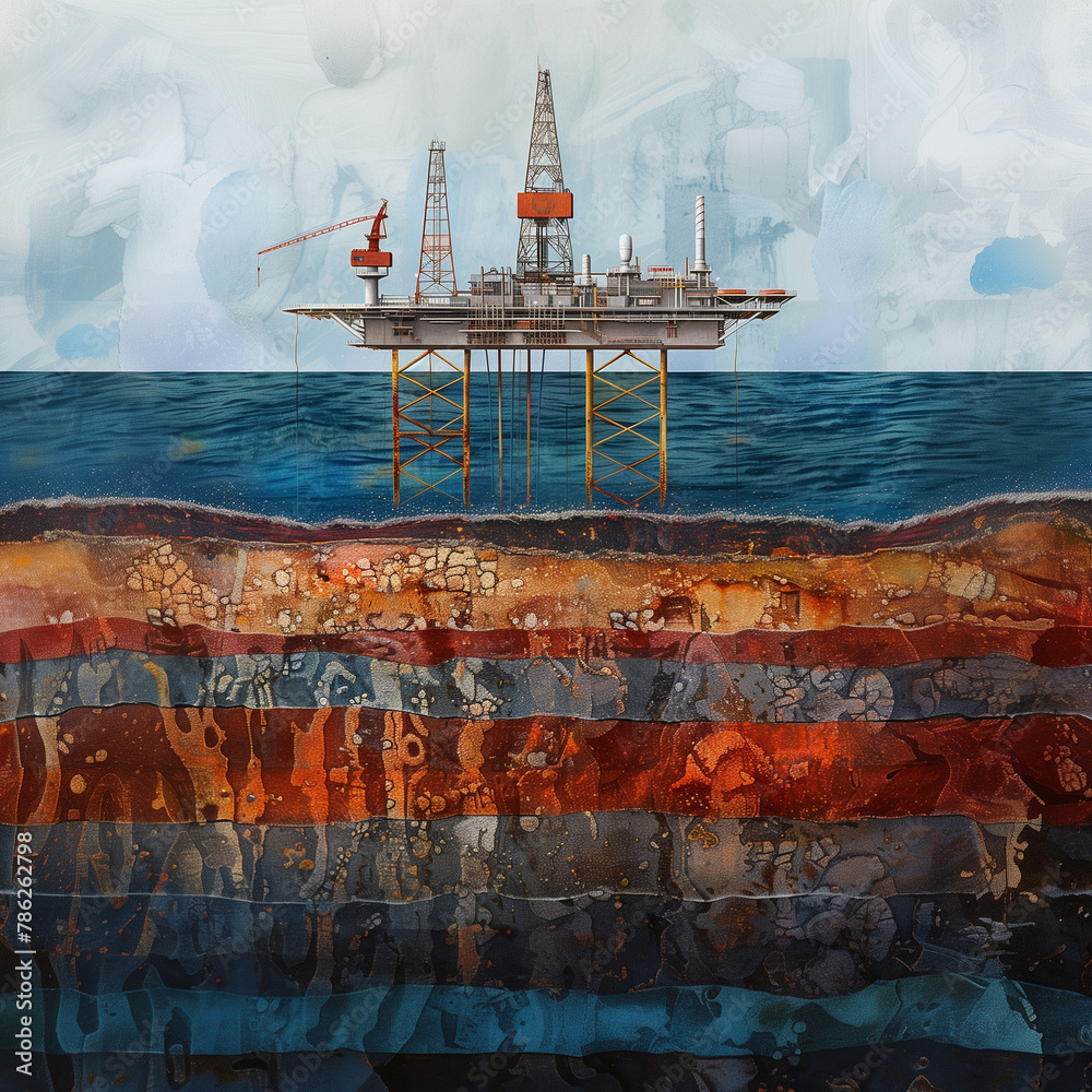 oil platform at sea with a cross section of rock strata layers ...