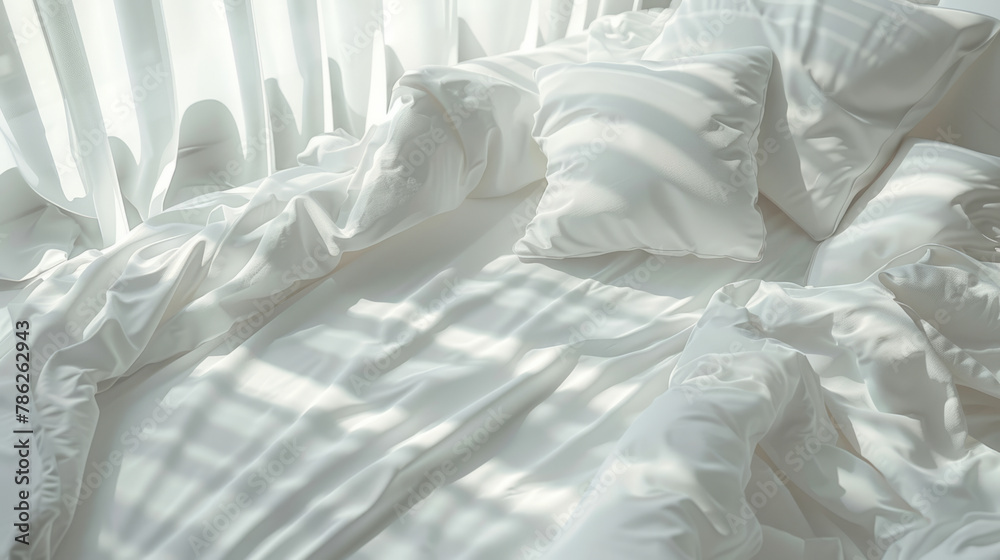 The concept of a messy bed with white bedding sheets and pillows ...
