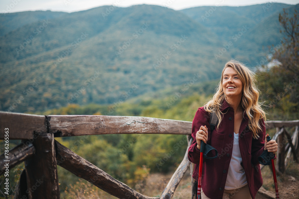 Travel, forest and woman on hiking journey, jungle adventure and nature ...