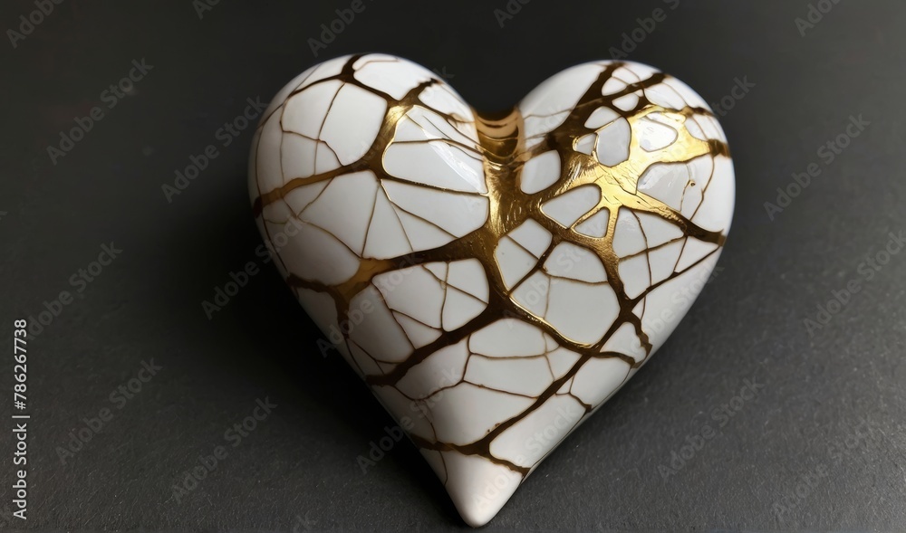 Kintsugi Upcycled white porcelain ceramic heart with golden cracks ...