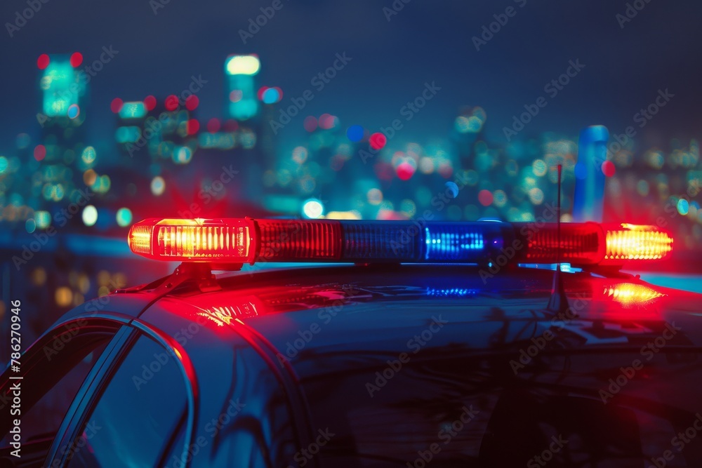 Flashing blue and red lights on a police car against a blurred urban ...