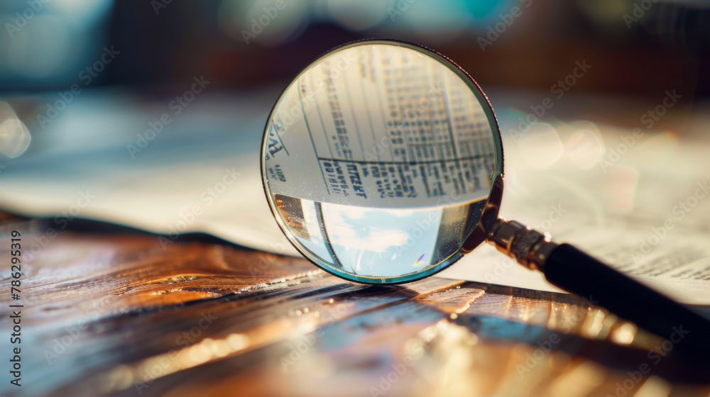 Magnifying glass, search and newspaper for information, research and ...