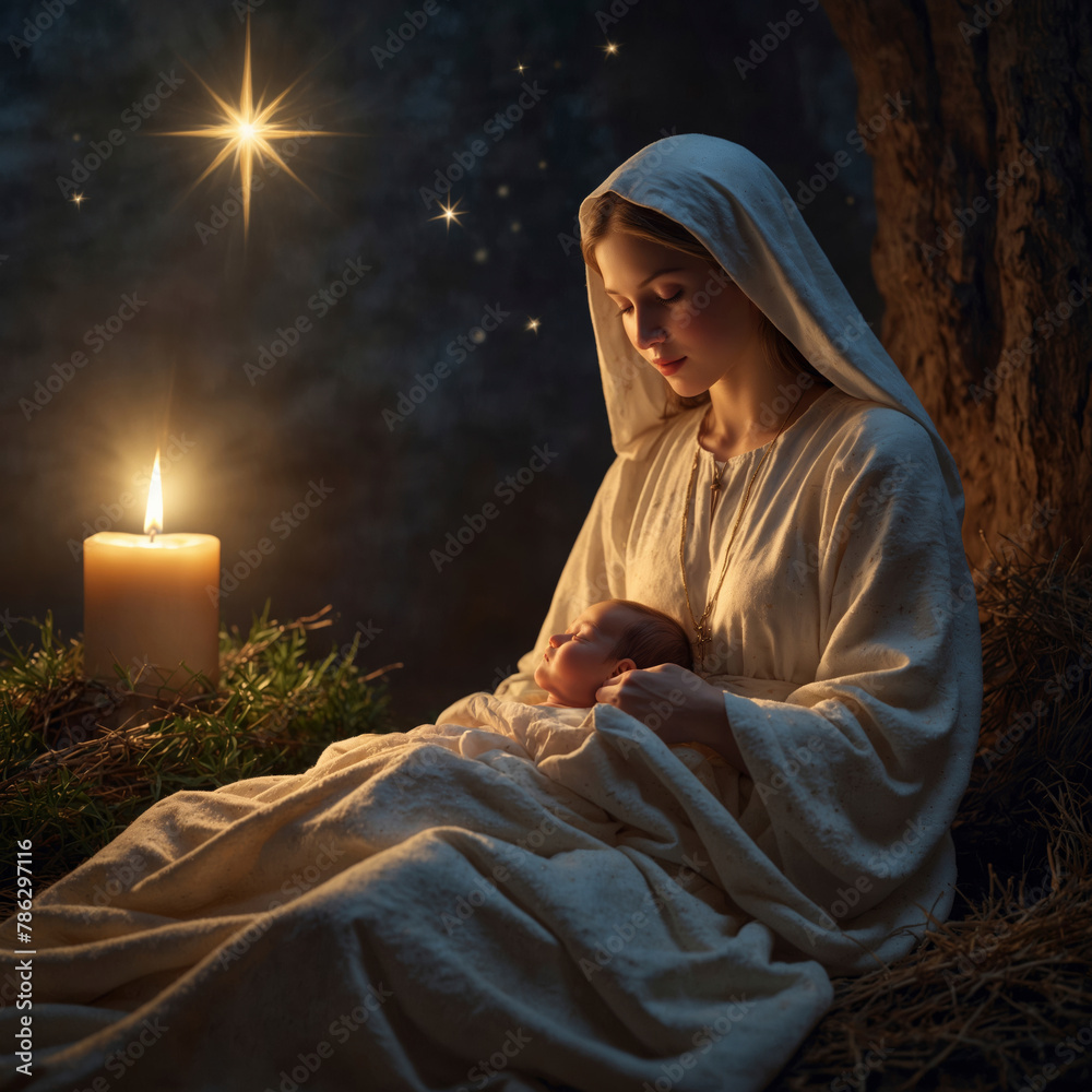 Nativity of Christ: Blessed Virgin Mary Cradling Baby Jesus, Bathed in ...