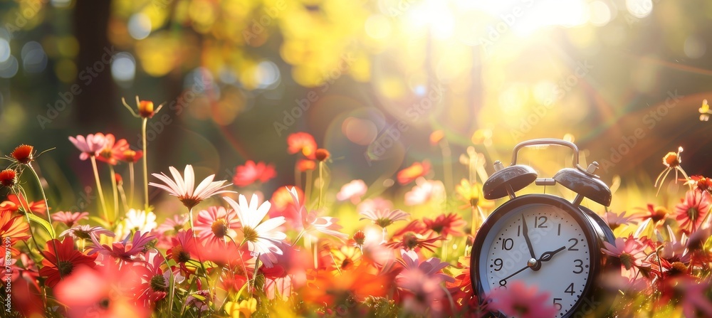 Seasonal shift alarm clock amid summer blooms and autumn leaves as ...