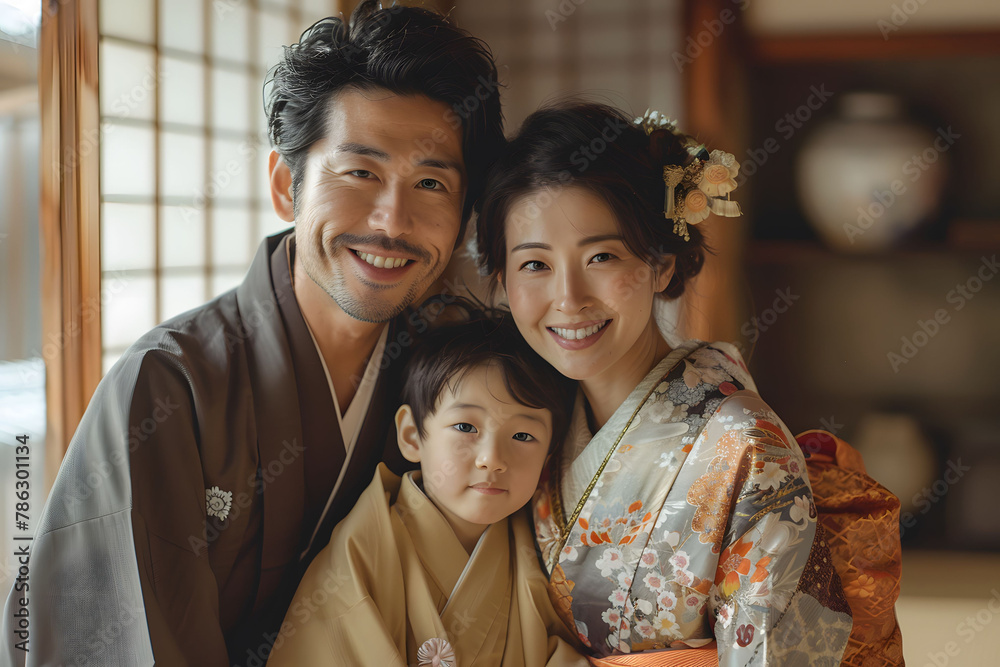 mom, dad, and son of Japanese family. joyful and happy human feeling in ...