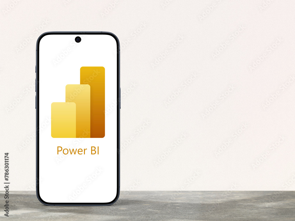Microsoft Power Bi logo is displayed on a modern smartphone ...