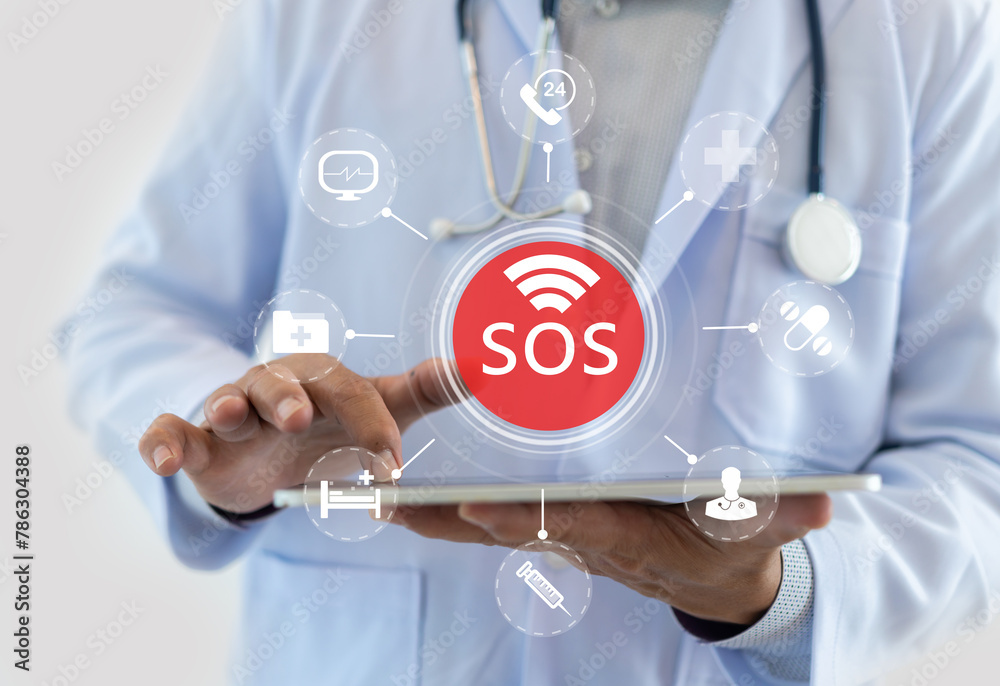 Innovative healthcare medical doctor holding SOS alert hologram ...