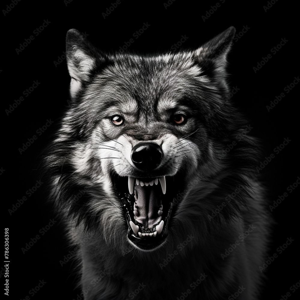 black and white wolf, mouth open snarling, contrast, white background ...