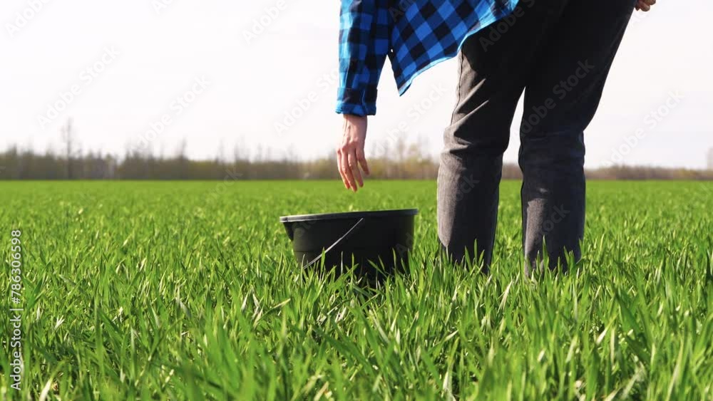 Close-up of a female farmer picking up a bucket and carrying it across ...