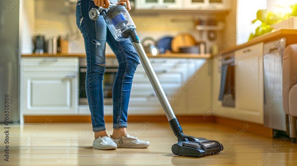 Efficient Cleaning Process Captured in a Bright Home Kitchen. Modern ...