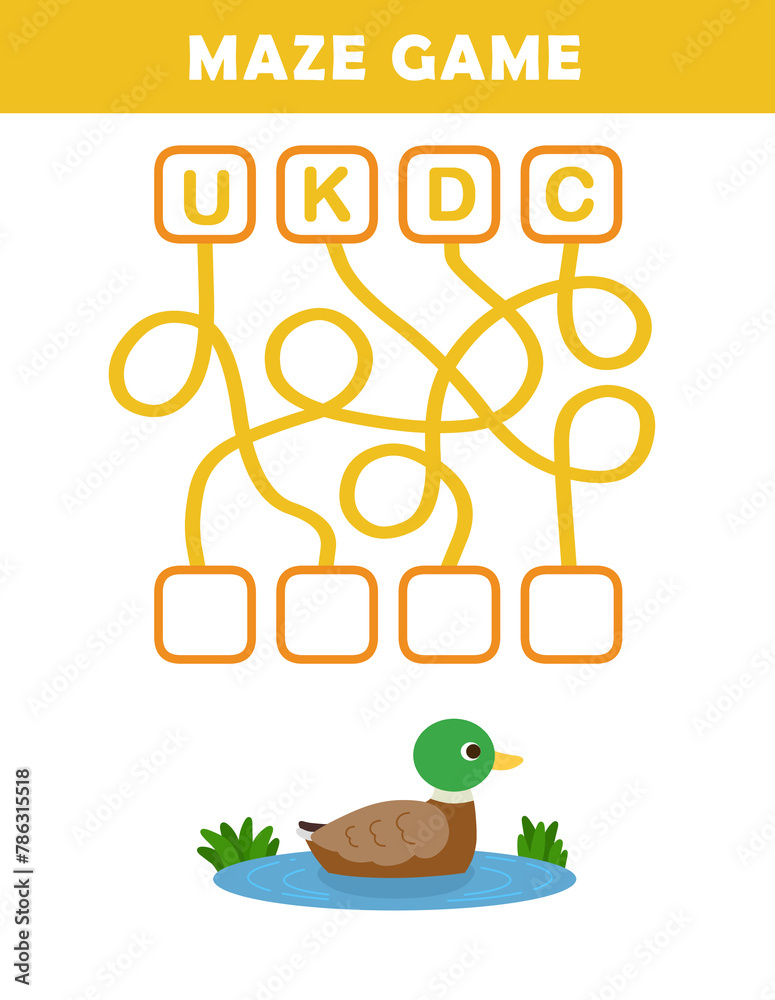 Word maze worksheet for kids with cute duck illustration. Labyrinth ...