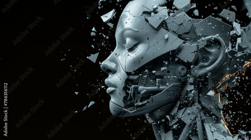 The head of a female robot is breaking apart in 3D. The background is ...