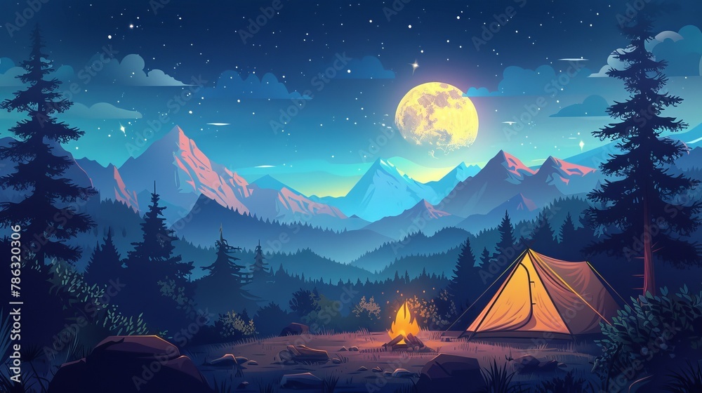The family is camping in the wilderness near mountains. It's night time ...