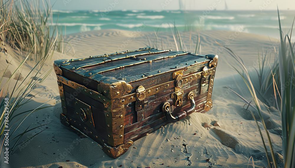 image of treasure chest in old and vintage style on beach sand Stock ...