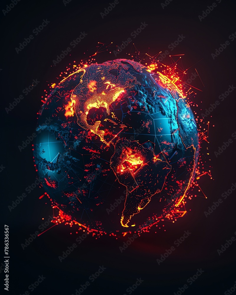 Environmental impact visualized as a digital globe with areas of stress ...