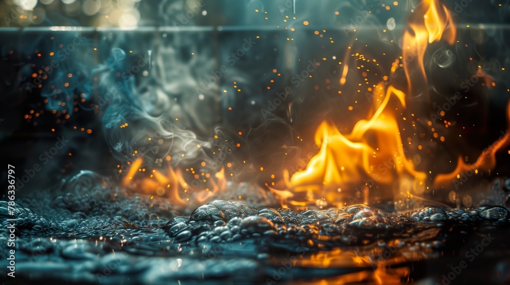 Fire on water surface. Oil and petroleum burn in water. Ferrous ...