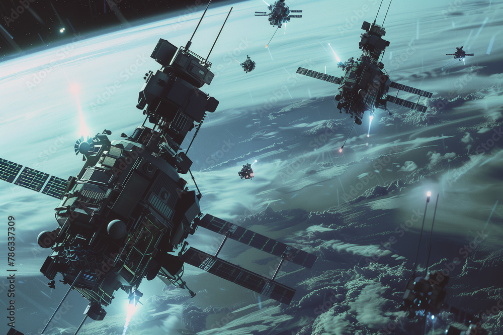military satellites in a digital representation, showcasing their ...