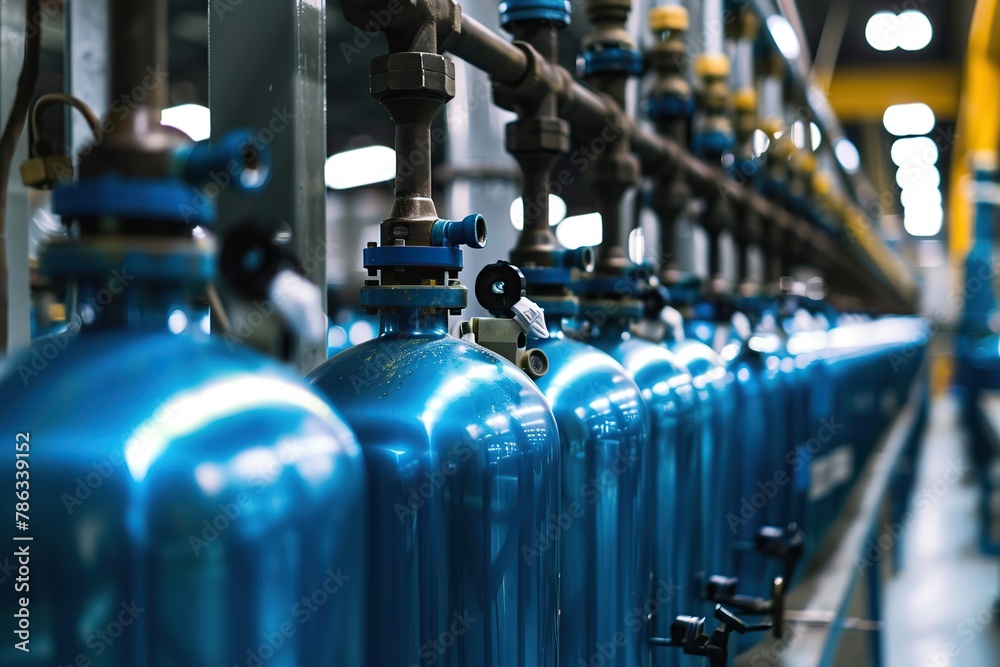 Blue oxygen tanks. Bundle of gas cylinder and high pressure gauges ...