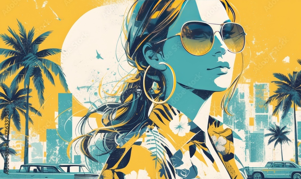 Retro collage style artwork of a woman in sunglasses and a retro dress ...