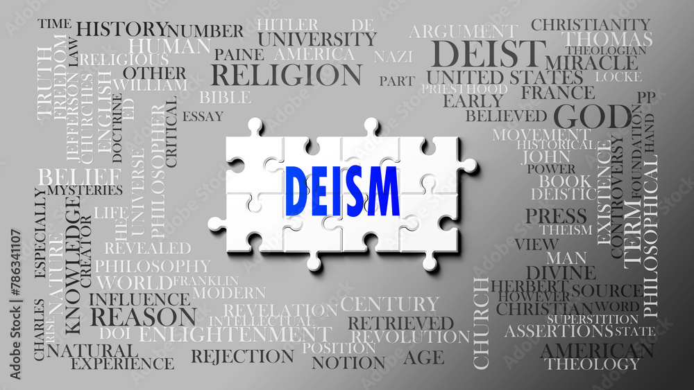 Deism as a complex subject, related to important topics. Pictured as a puzzle and a word cloud ...