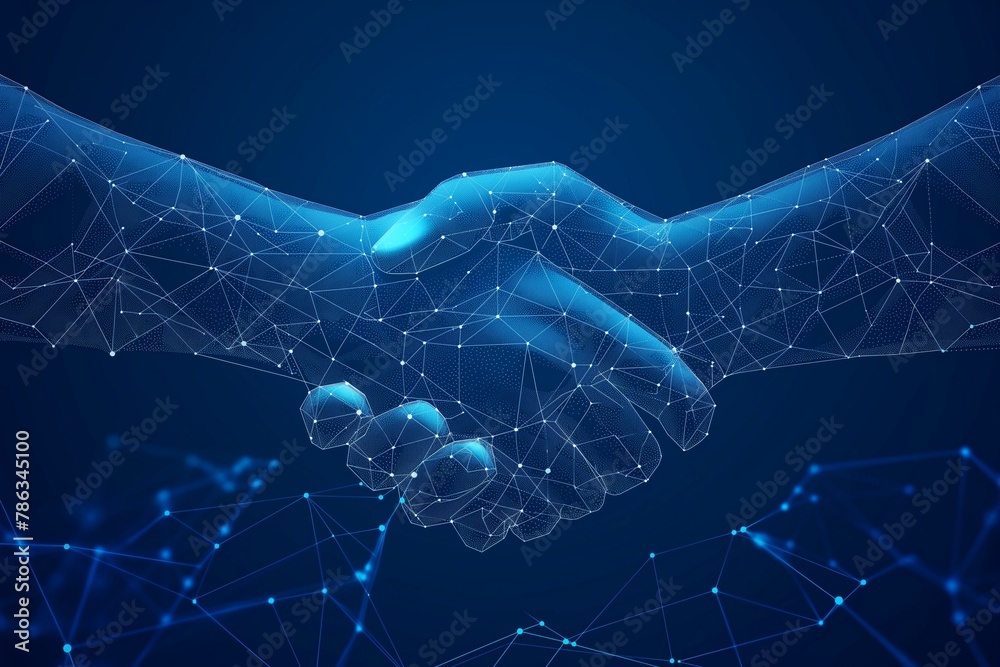 Digital handshake on blue technology background, business background ...