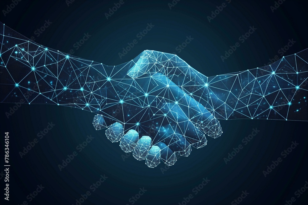 Digital handshake on blue technology background, business background ...