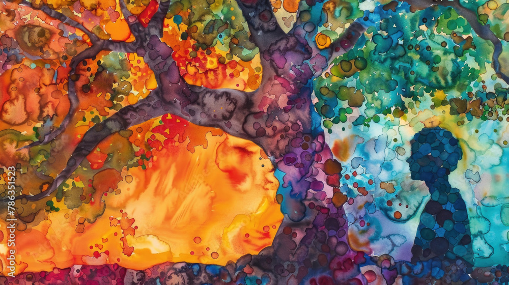 A painting depicting a person standing underneath a leafy tree, the ...