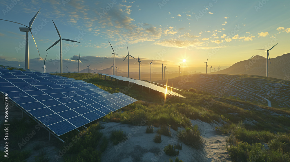 Landscape featuring wind turbines and solar panels, symbolizing the ...