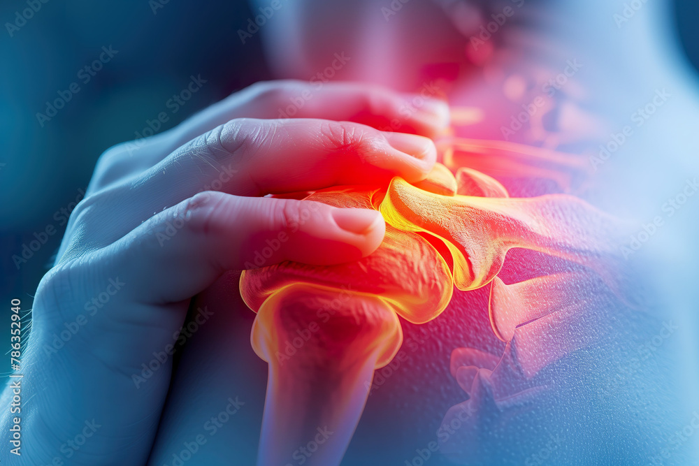 Person with shoulder inflammation and anatomy of joint. Stock ...