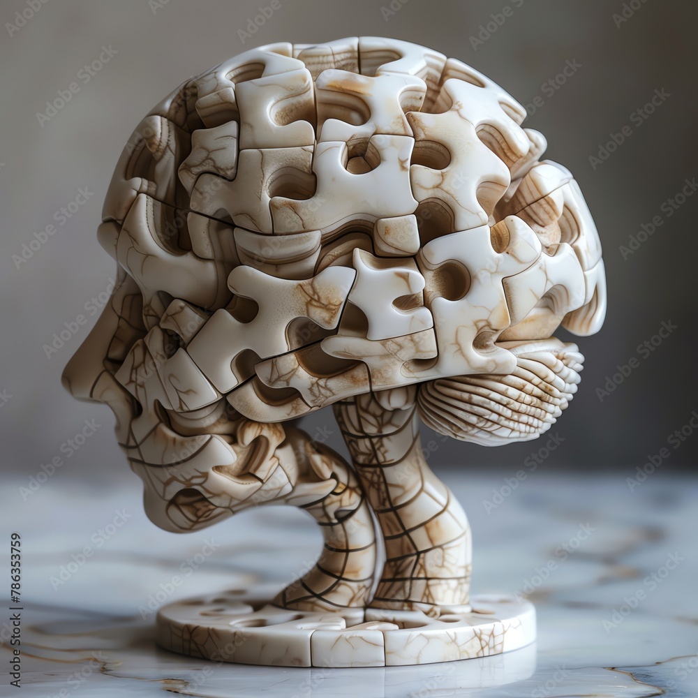 3D model of a brain shaped as a puzzle piece, highlighting the ...