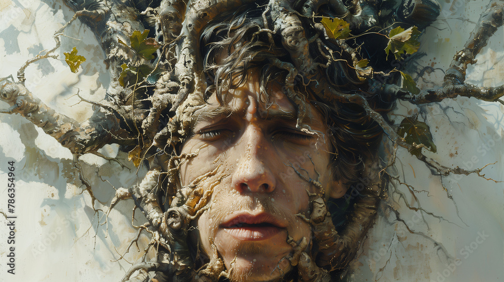 Surreal portrait of a man with his face emerging from a tree, with ...
