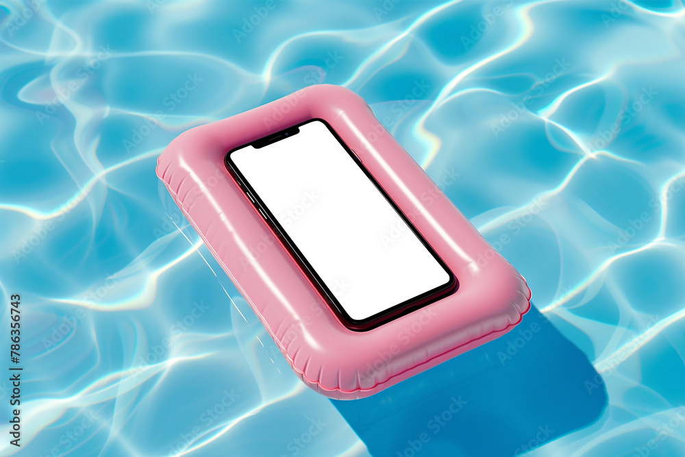 Smartphone on inflatable mattress floating in swimming pool at summer ...