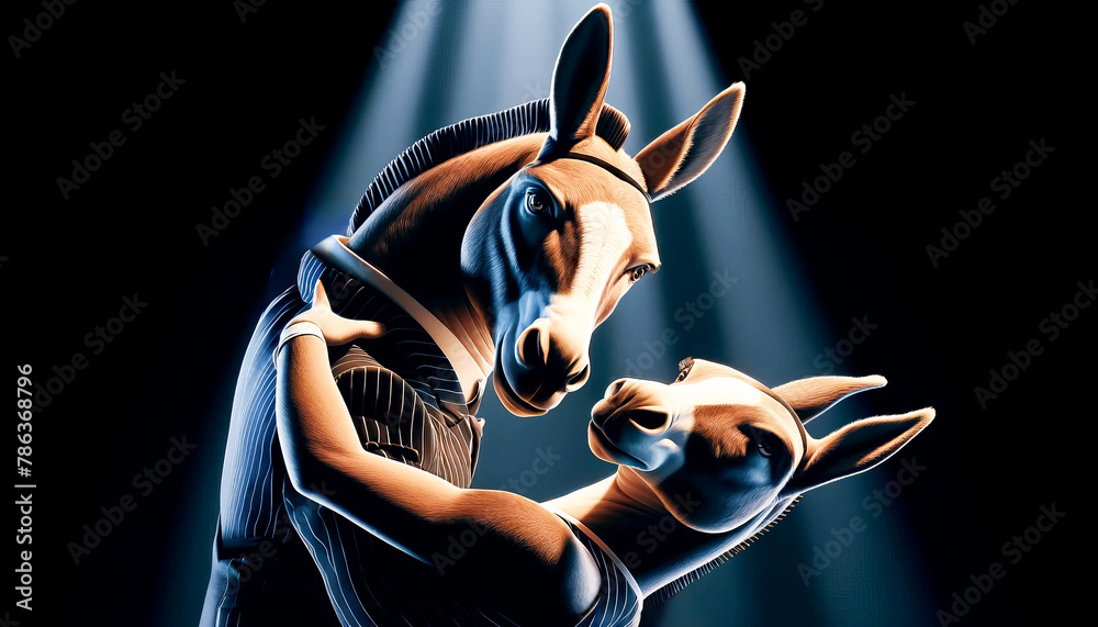 Two stylized donkeys with human-like expressions are caught in a tender ...