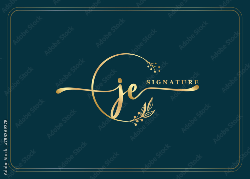luxury gold signature initial JE logo design isolated leaf and flower ...