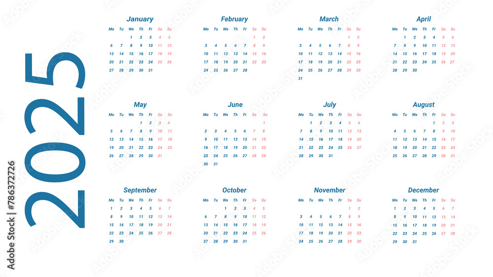 Calendar template for 2025 by month. The week starts on Monday. A ...