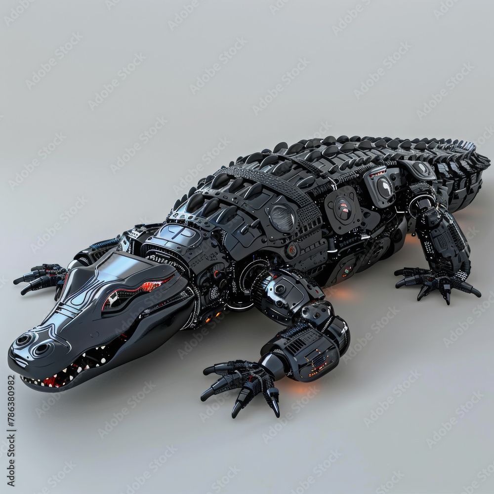 A robotic alligator, robust and menacing, engineered from intricate components, glides with ...