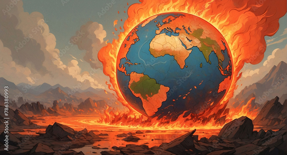 Dramatic illustration of Earth globe burning with flames. Climate ...