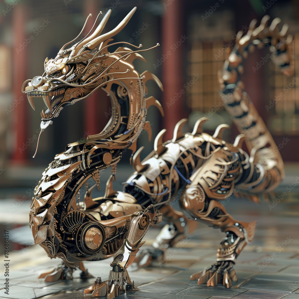 A robotic Asian dragon, adorned with scales and serpentine grace ...