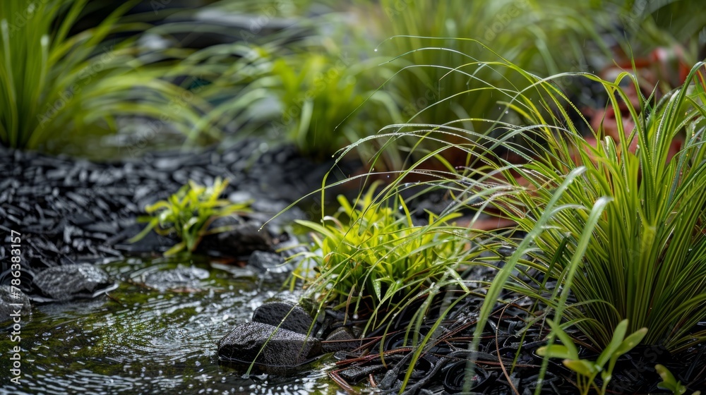 Water stream winding through dense forest with vibrant green foliage ...