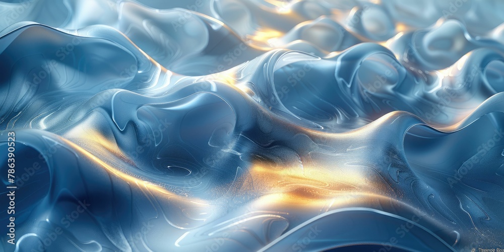 Abstract image of flowing blue and silver textures with golden ...