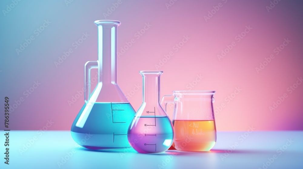 Three clear glass flasks filled with colorful liquids are placed on a ...