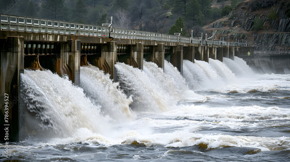 Water spills over the top of Englebright Dam on the Yuba River. A ...