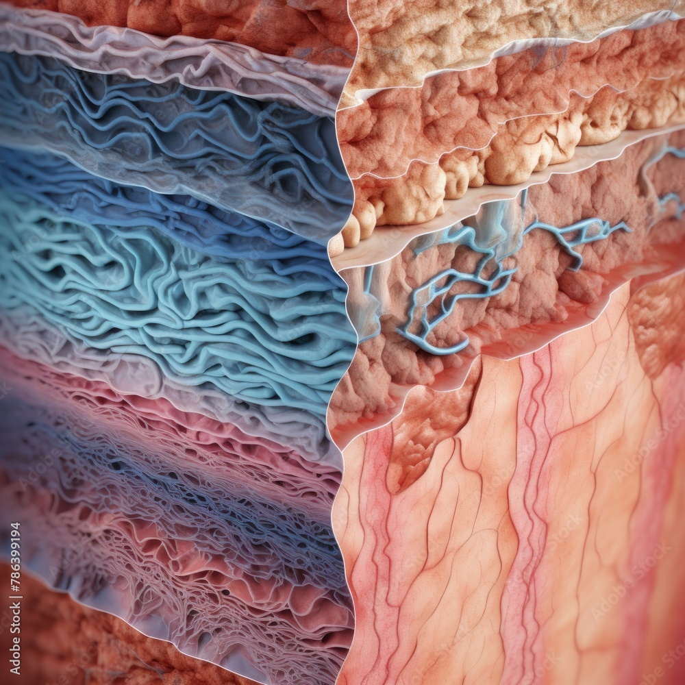 A 3D rendering of the human skin, displaying layers from epidermis to ...