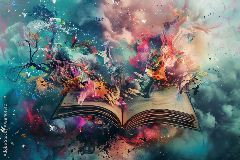 surreal storytelling montage with floating book pages and vivid colors ...
