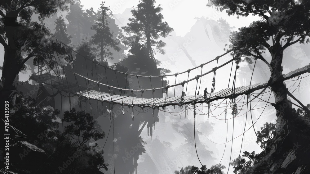 Design a stylized rope bridge scene in a grayscale art style, inspired ...