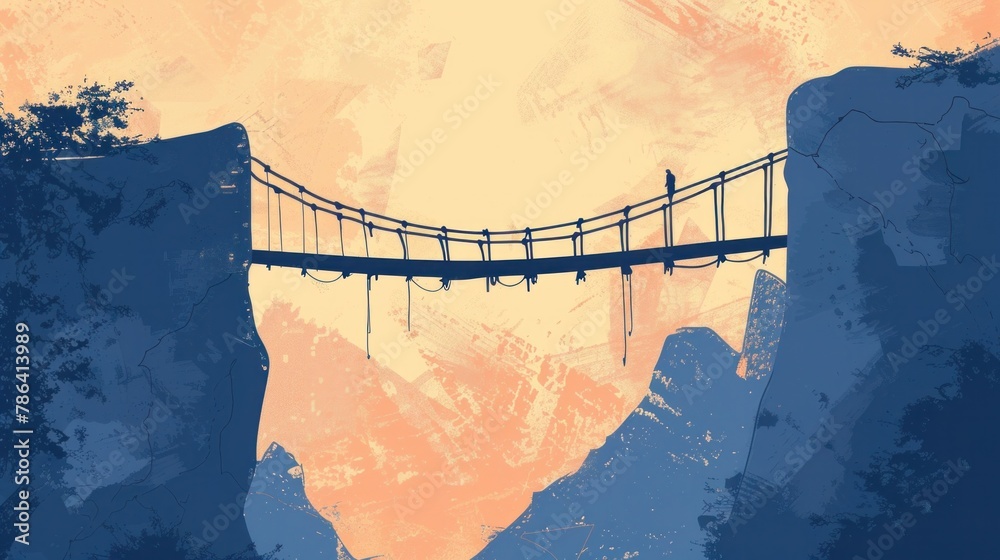 Rope bridge between two mountains in a Japanese or Chinese style ...