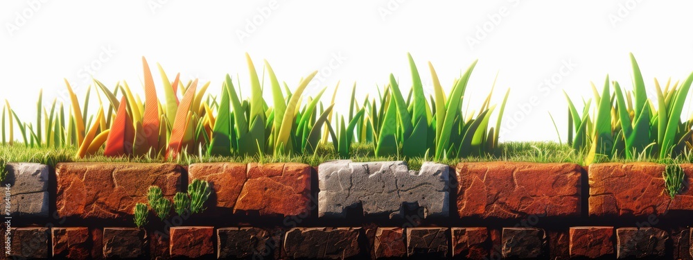 brick wall covered with grass pattern background, 2D game level rocks ...